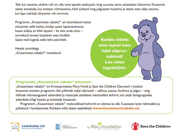 Kiri lapsevanematele (lasteaed) - Kiusamisest vabaks